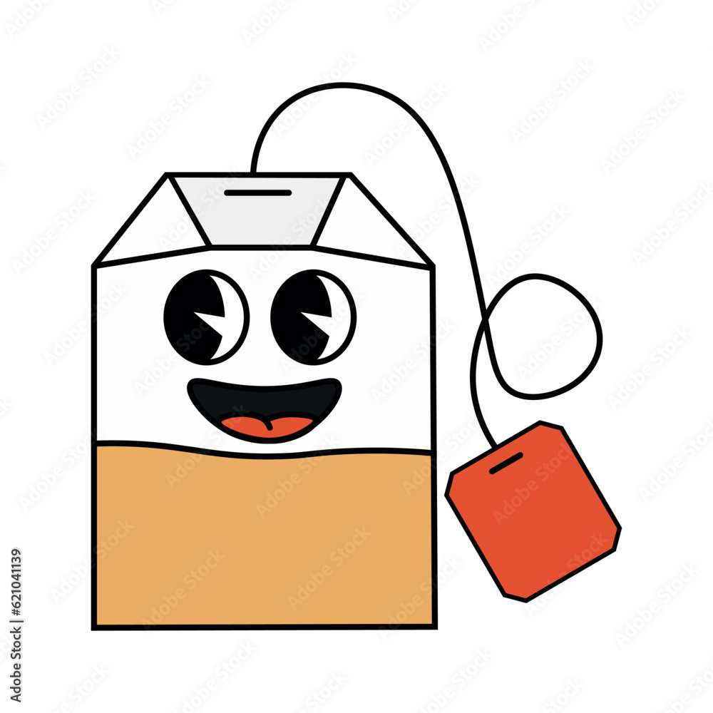 Funny groovy retro clipart tea bag. Tea bag character in 70s cartoon ...