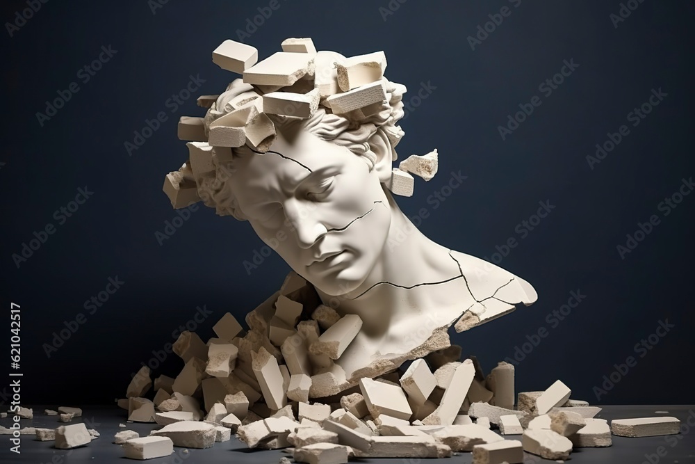 Broken ancient greek statue head falling in pieces. Broken marble ...