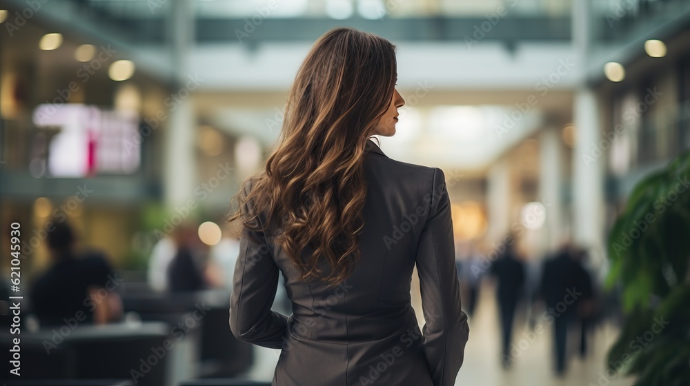 back view of women sitting apart at office table, she's working or ...