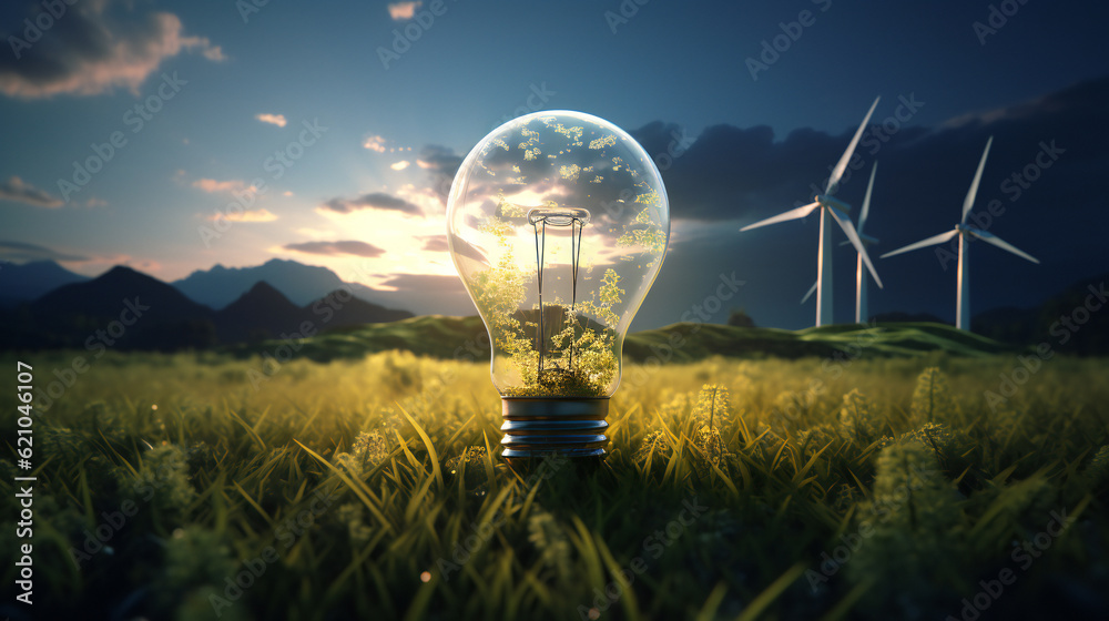 Eco light bulb wit a wheat field turbine on background, Environmental ...