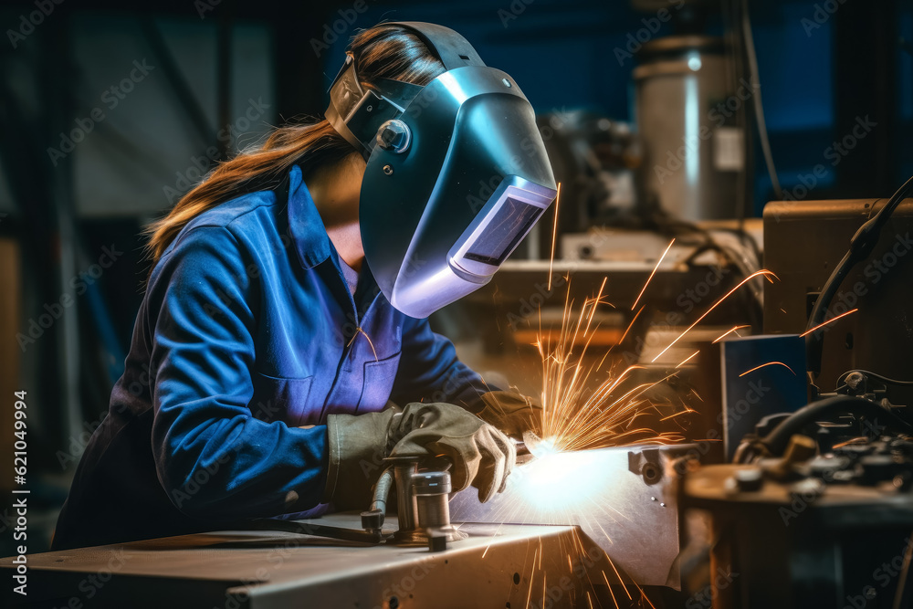 Woman in welding helmet working on piece of metal in workshop, sparks ...