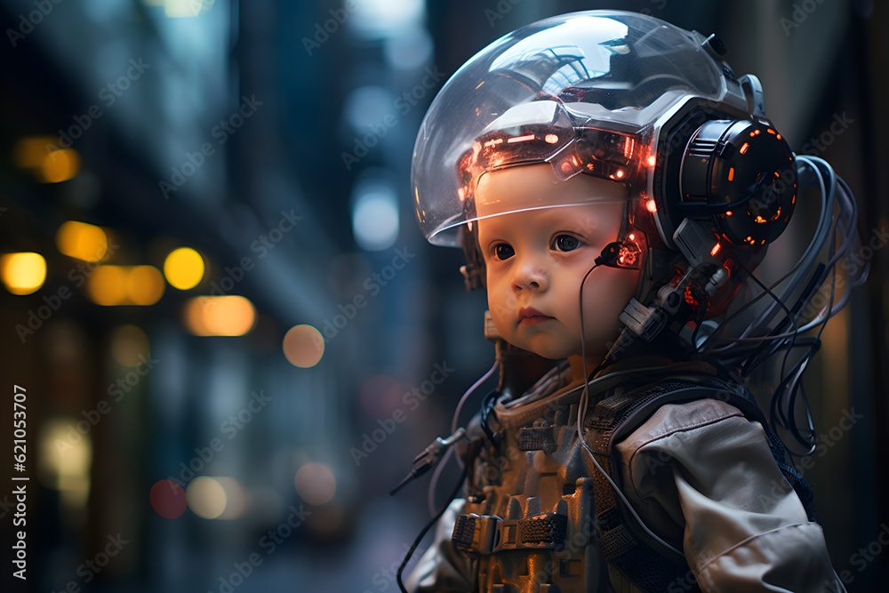 portrait of a cyberpunk baby wearing futuristic armour Stock ...