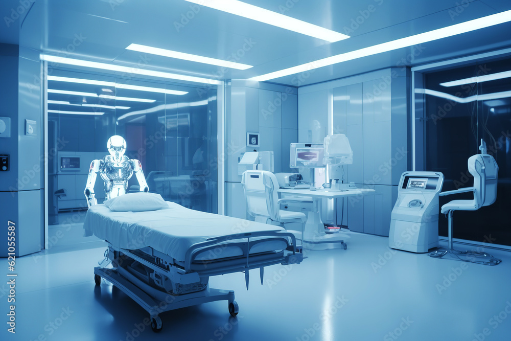 Futuristic hospital room with AI robot carrying a hospital stretcher ...