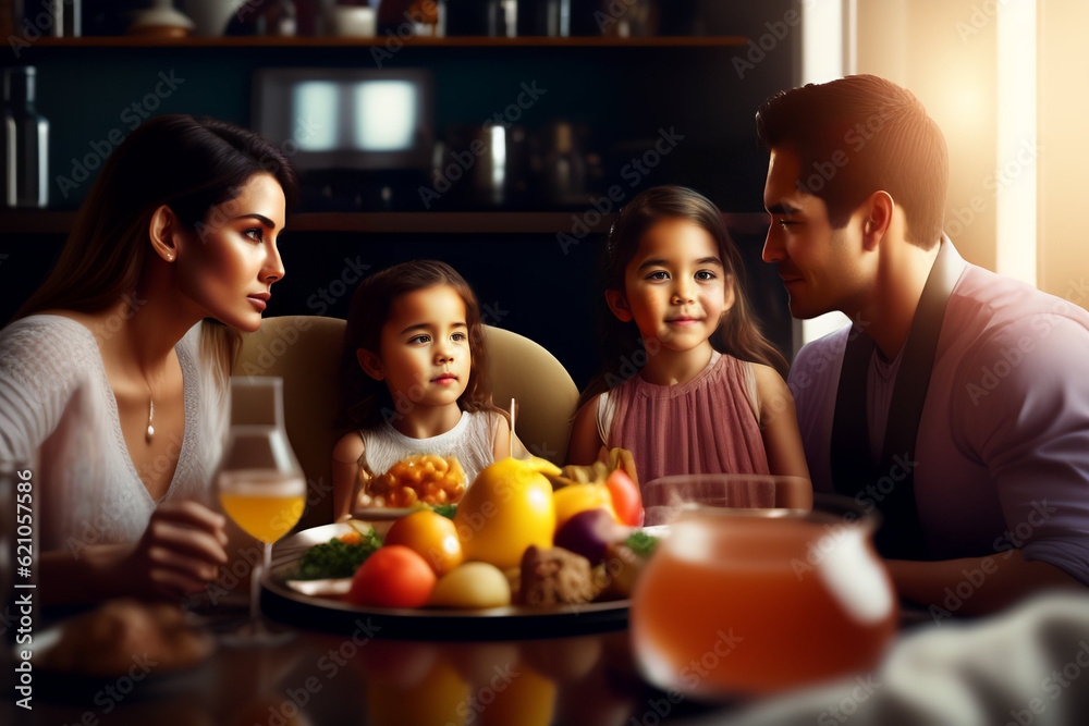 4 four person- mother, father and two daughters. Happy latino hispanic ...