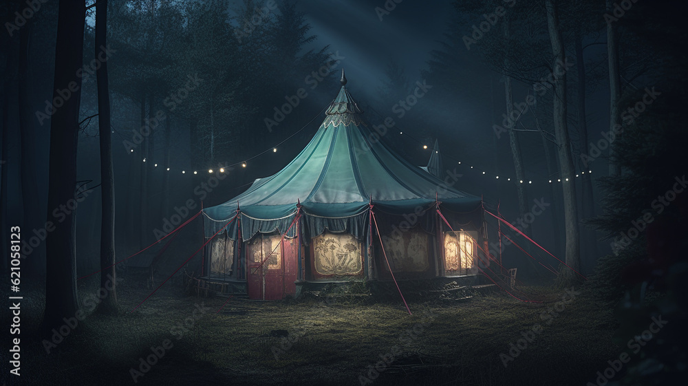 Eerie haunted circus tent at night time. Marquee in the woods. Created ...