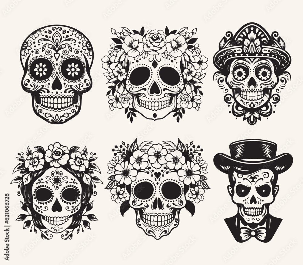 Vector set of cute Mexican sugar skulls masks Stock Vector | Adobe Stock