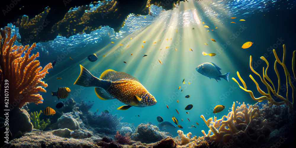Multi-colored tropical fish swimming underwater against the backdrop of ...