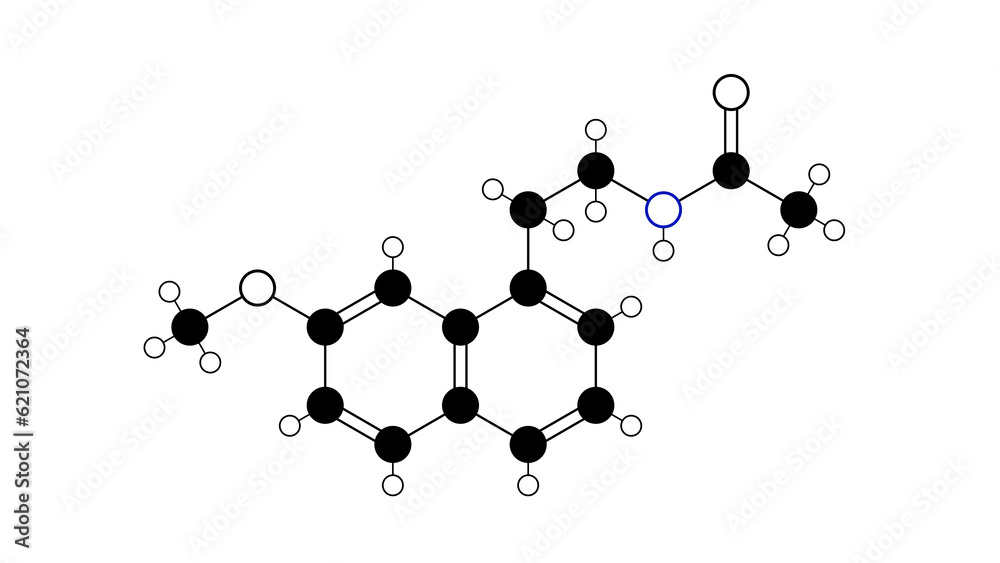 agomelatine molecule, structural chemical formula, ball-and-stick model, isolated image atypical ...