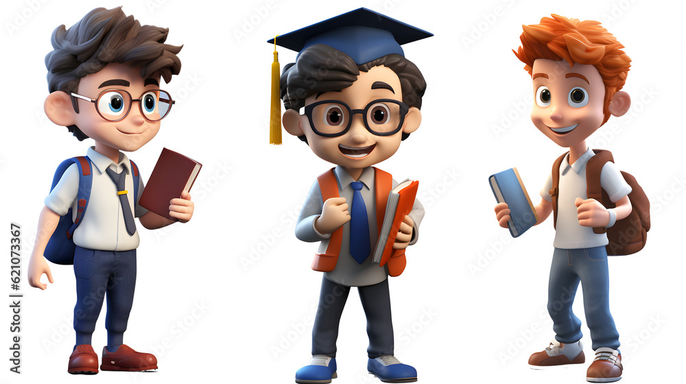 3D Cartoon Character Cute Student Boys, Isolated transparent background ...
