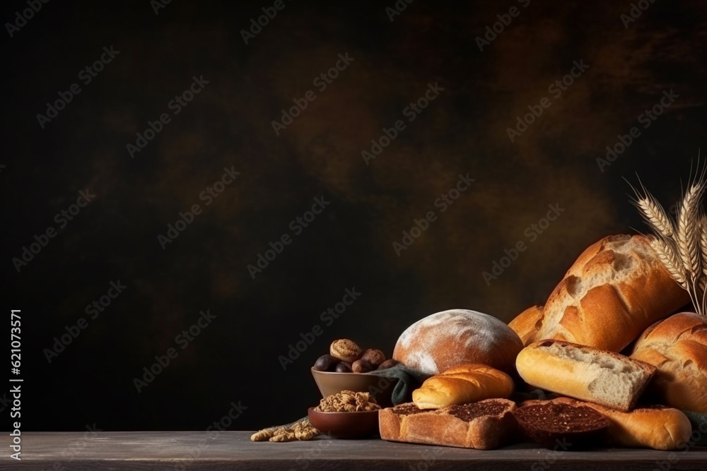 Bread rolls, loaves, buns, pastry, wheat easrs on rustic wooden bakery ...