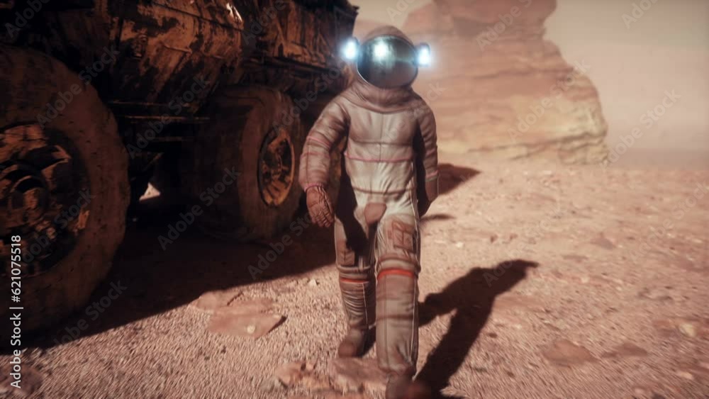 Martian, astronauts on mars planet. Rover transport. Realistic 4k ...