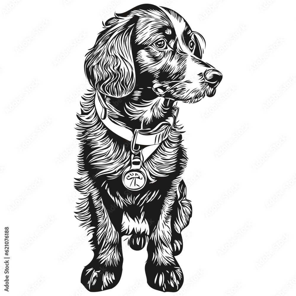 Spaniel Boykin dog cartoon face ink portrait, black and white sketch ...