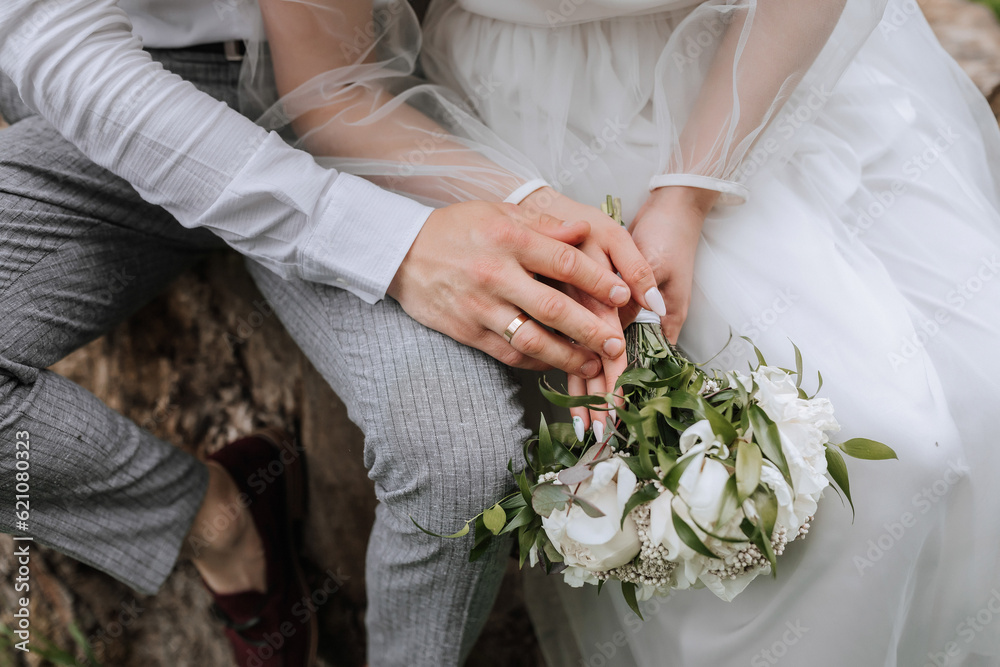 cropped photo of the bride and groom sitting on a tree stump in the ...