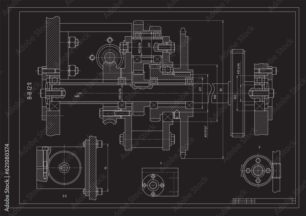 Vector engineering cad drawing of a mechanical part (steel shaft) with ...