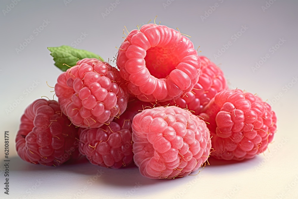 On a white background, a photograph of a few fresh pink raspberries ...