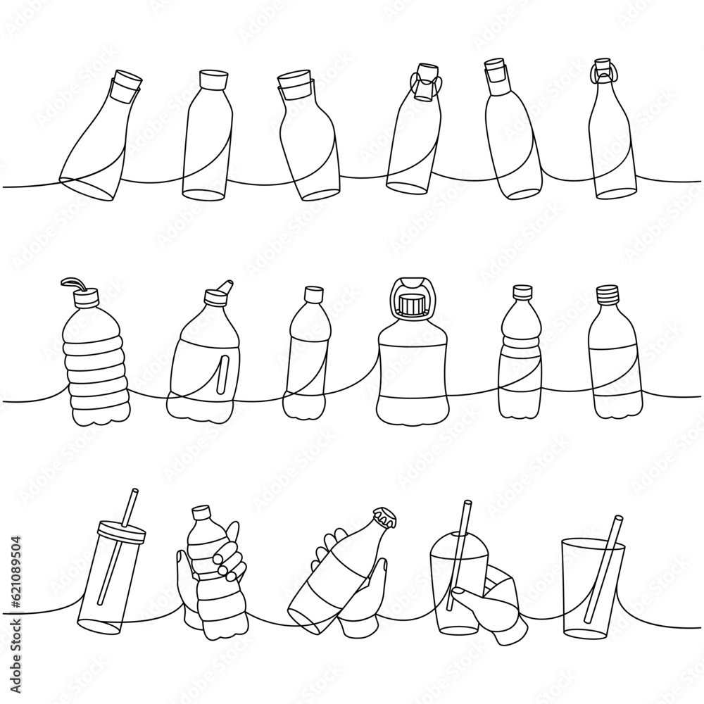 Bottles one line continuous drawing. Different types of bottles ...