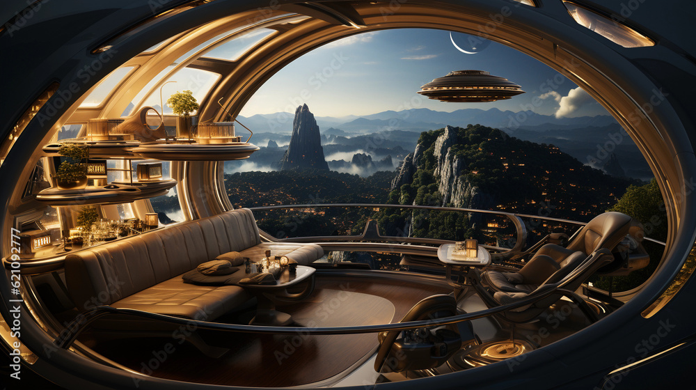 A luxurious / futuristic spaceship hotel in space, stunning view of the ...