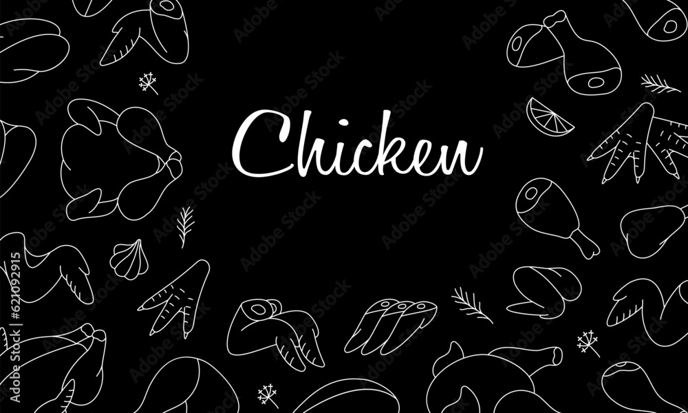 Chicken meats horizontal outline banner. Butcher shop. Whole chicken ...