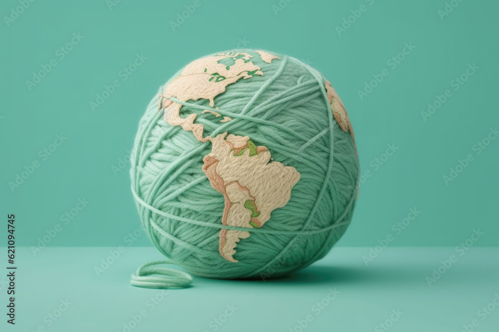 Soft Earth globe made of ball of yarn on pastel green background ...