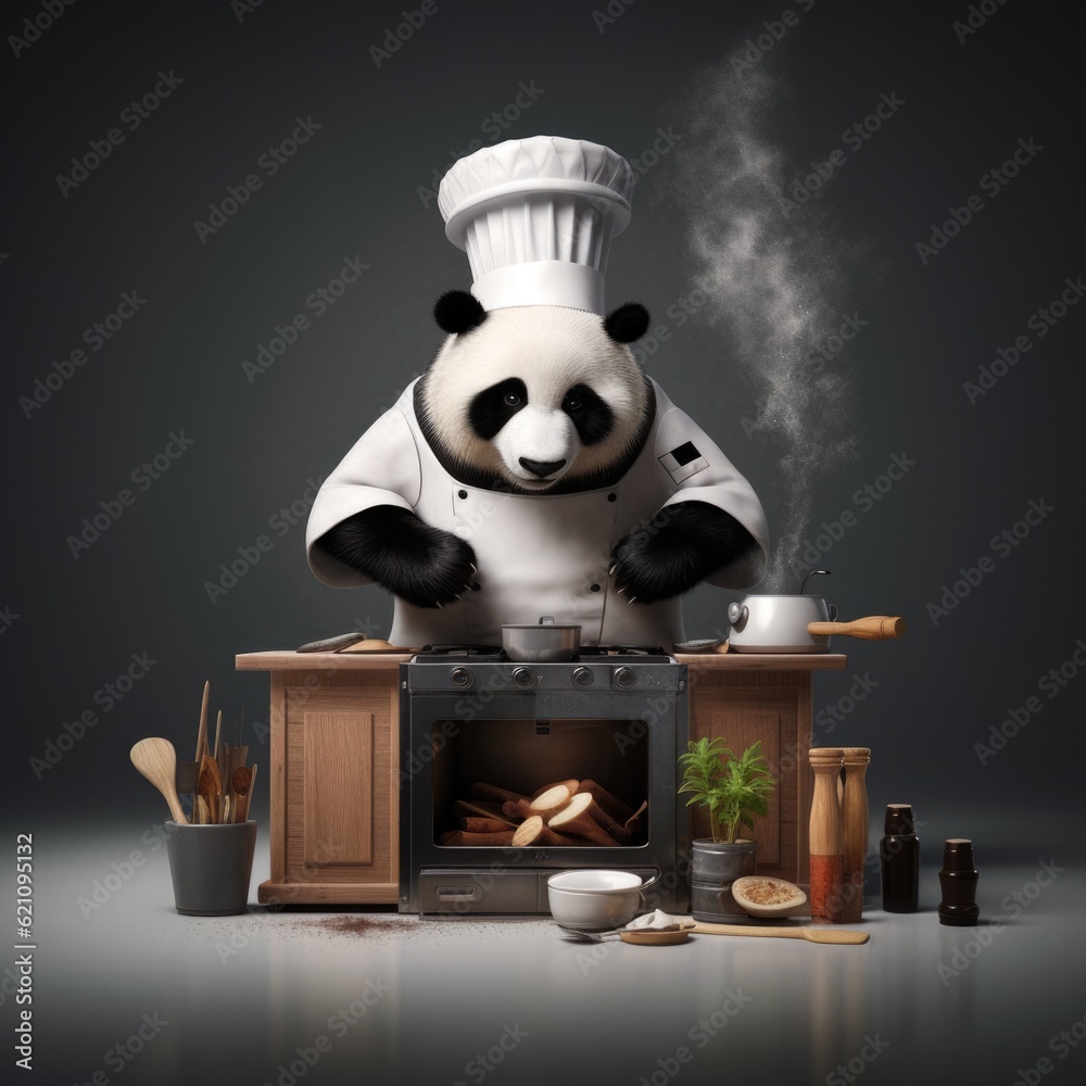 Panda chef prepares asian dish in the kitchen. Cute teddy bear cook ...