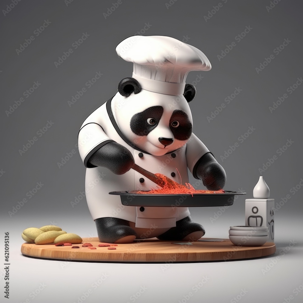 Panda chef prepares asian dish in the kitchen. Cute teddy bear cook ...