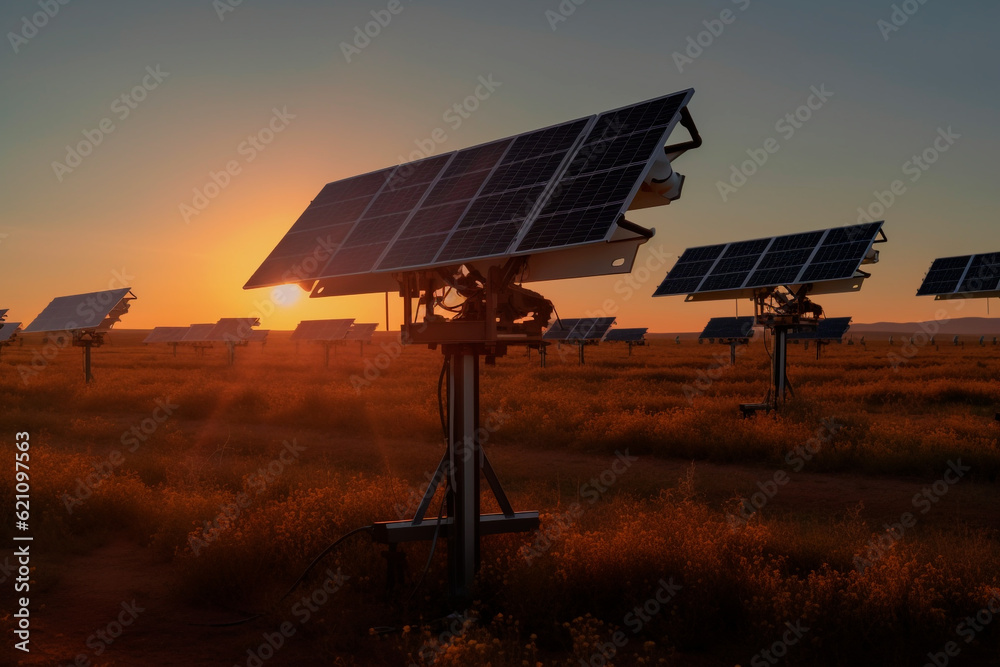 Agrivoltaic solar cell with sunrise sky background, clean alternative ...