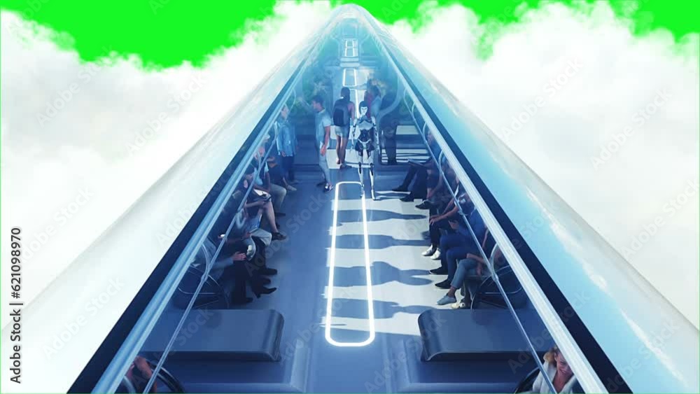 3d people and robots. Flying passenger train. Utopia. concept of the ...