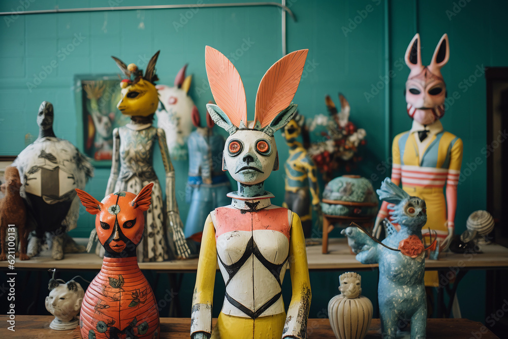 Whimsical, surreal, handcrafted paper mache sculptures, pop of bright ...
