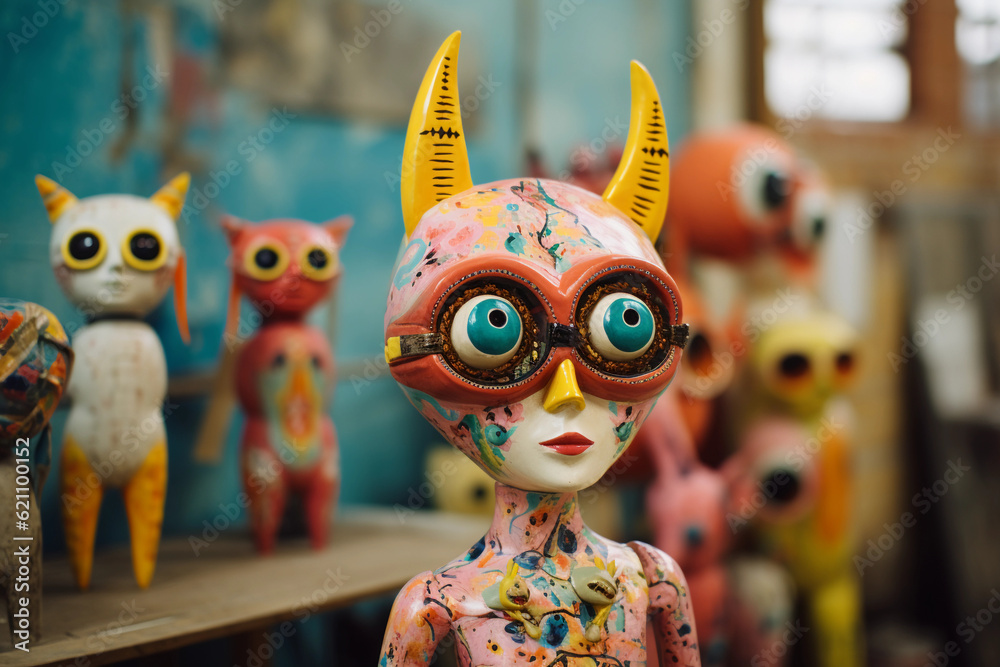 Whimsical, surreal, handcrafted paper mache sculptures, pop of bright ...