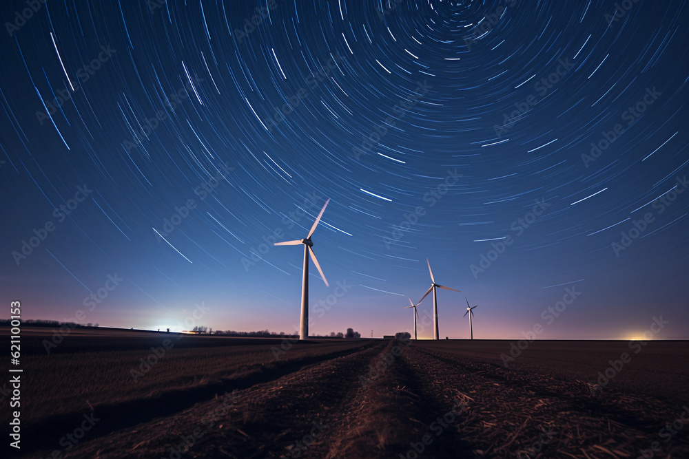 A massive, moonlit wind farm, modern wind turbines spinning against the ...