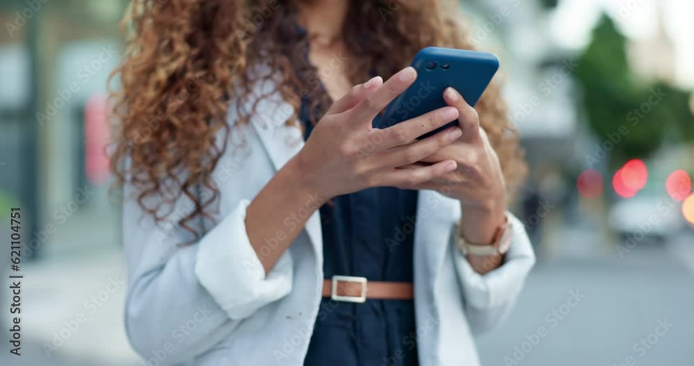 Hands, phone and business woman texting in city for travel, networking ...