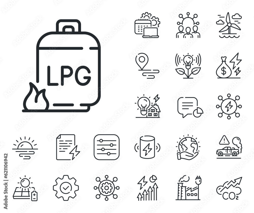 LPG fuel container sign. Energy, Co2 exhaust and solar panel outline ...