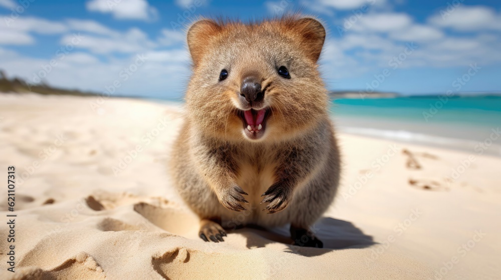 Adorable quokka bounces across the sandy beach, its round cheeks and ...