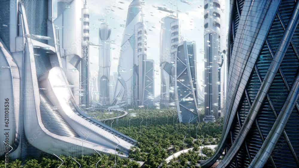 Futuristic city day. Sci fi architecture and buildings. Future concept ...