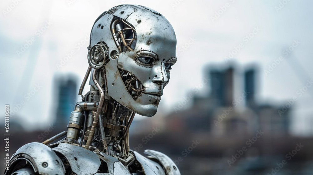 dirty or rusty robot with metal skeleton, humanoid android with ...