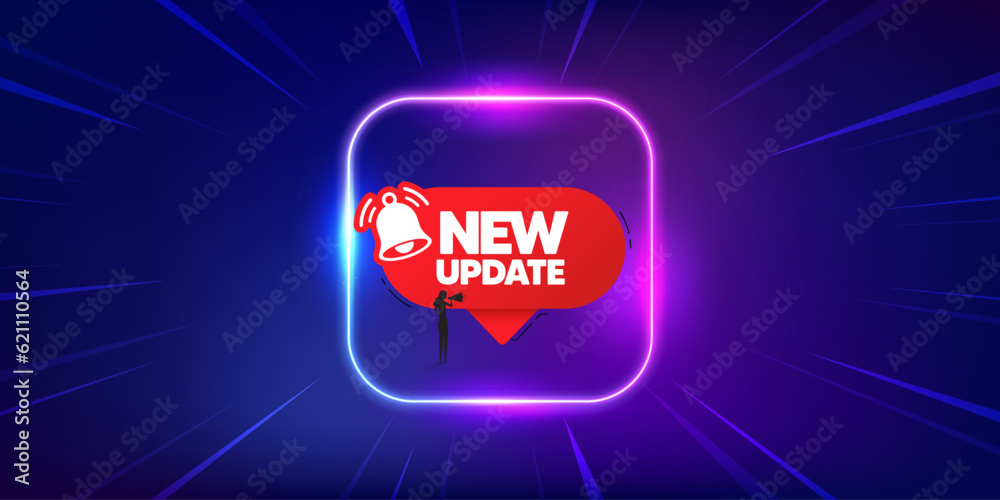 New update banner. Neon light frame offer banner. Red speech bubble ...