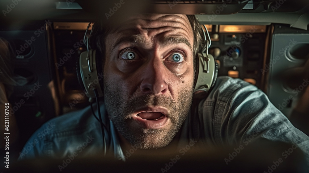 a pilot with a shocked scared expression on his face, in the cockpit ...