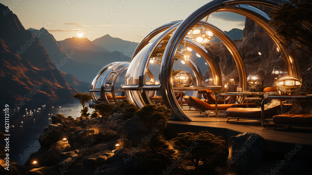 Martian science fiction panorama, lake and mountains. Planetary ...