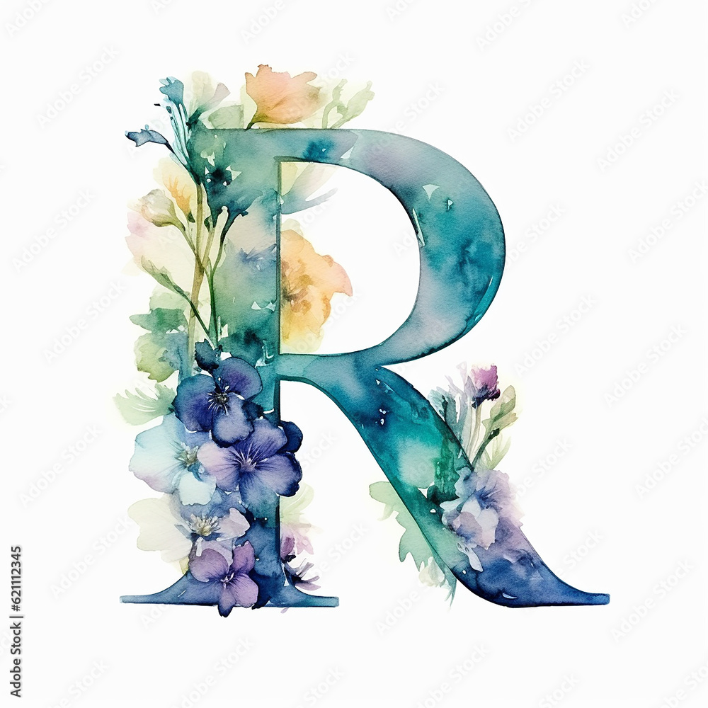 3d render generic logo watercolor floral alcohol ink with letter R ...