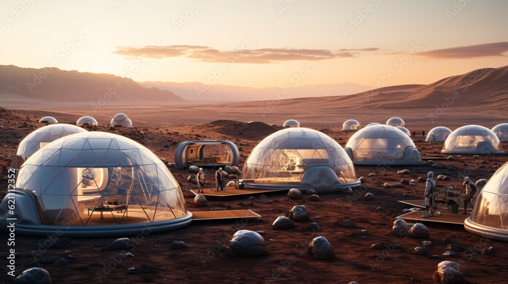 Small futuristic domes in the Martian desert, 3D rendering, space ...