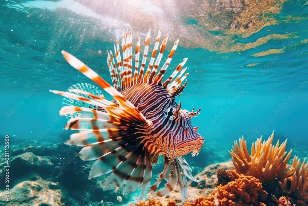 Underwater, a predatory lionfish was photographed. A deadly redfish ...