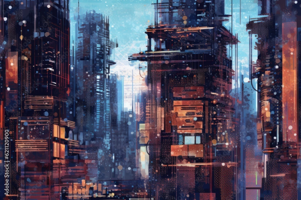 raster representation of a contemporary city Skyscrapers with cyberpunk ...
