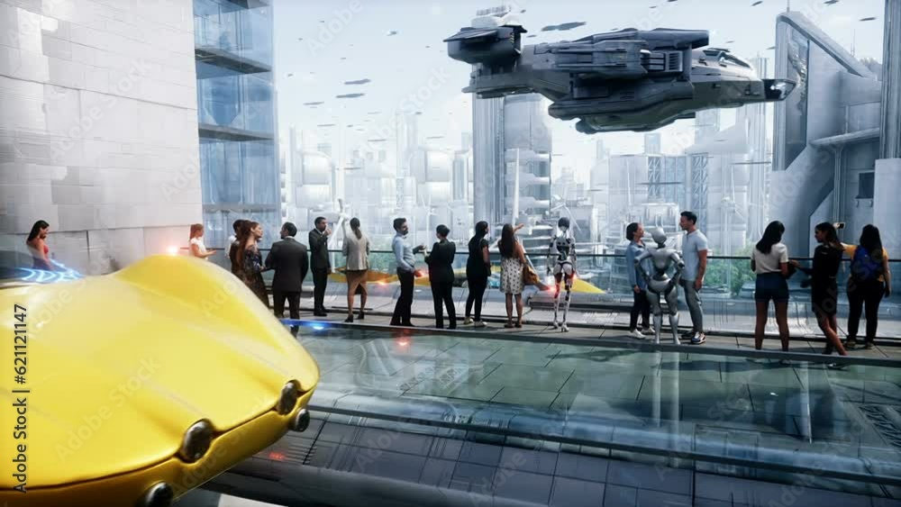 Futuristic city. 3d people and robots. Future concept. Realistic 4k ...