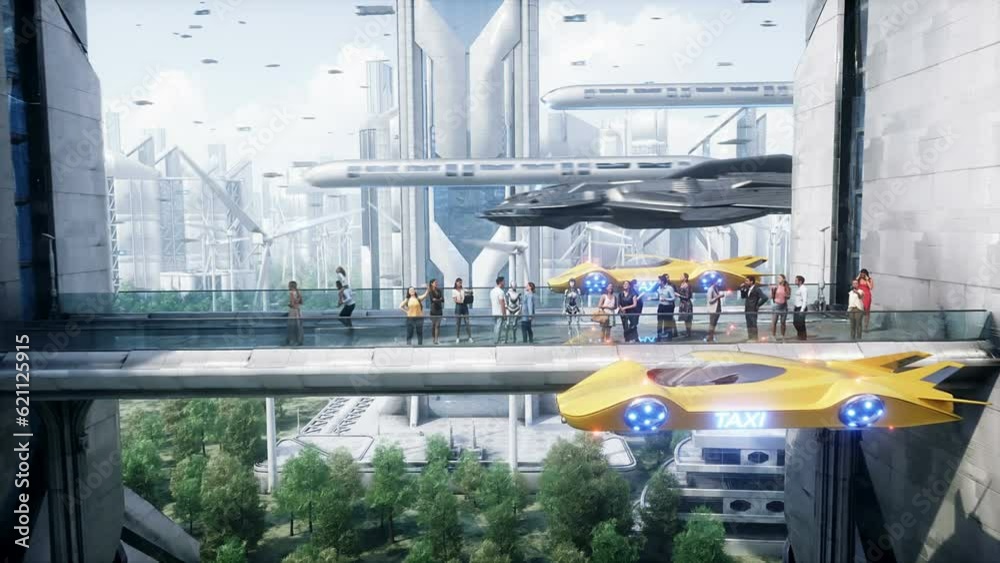 Futuristic city. 3d people and robots. Future concept. Realistic 4k ...