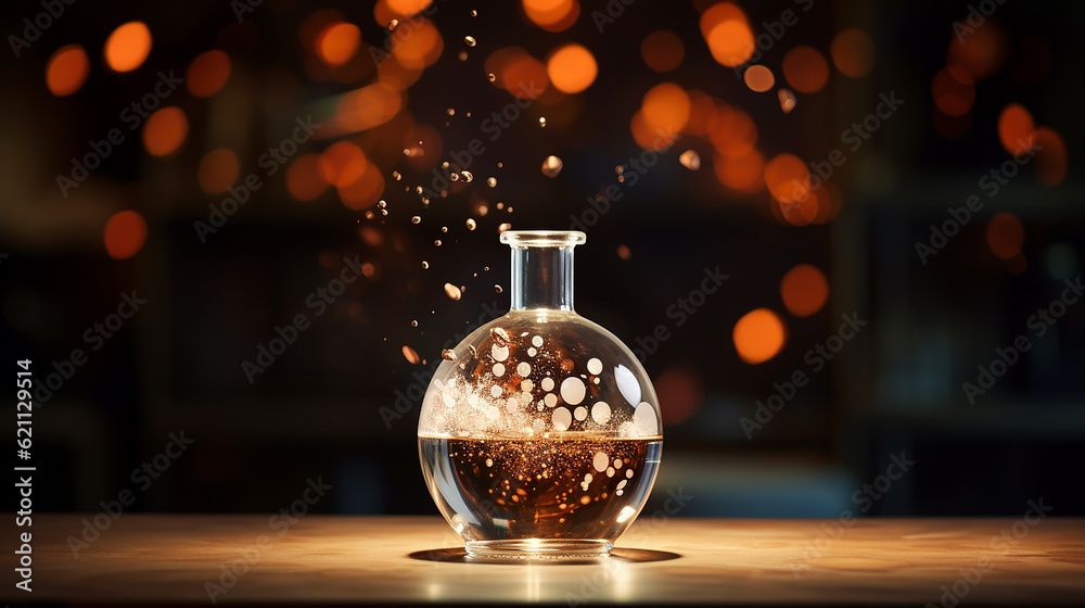 A flask filled with twinkling lights, reminiscent of stars, casting a ...