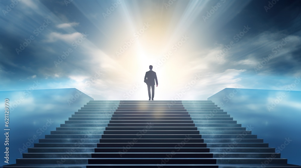 Ambitious businessman climbing stairs to meet incoming challenge and ...