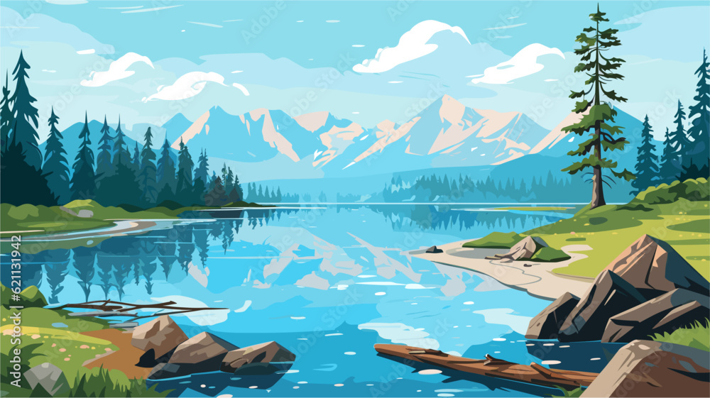Mountain and lake landscape. Cartoon rocky mountains, forest and river ...