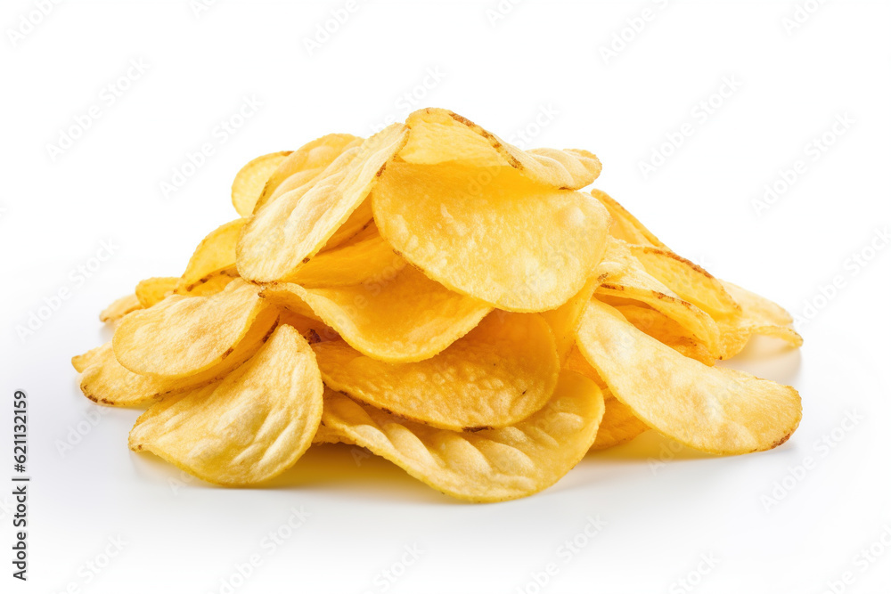 Pile of potato chips or crisps, crispy and delicious crisps, a popular ...