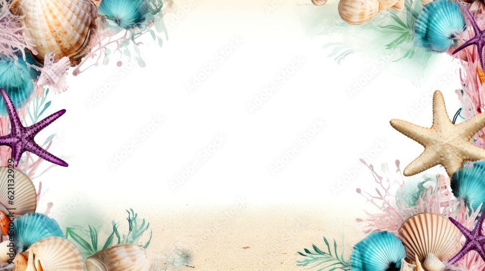 Sea elements card template, beach background design with border frame ...