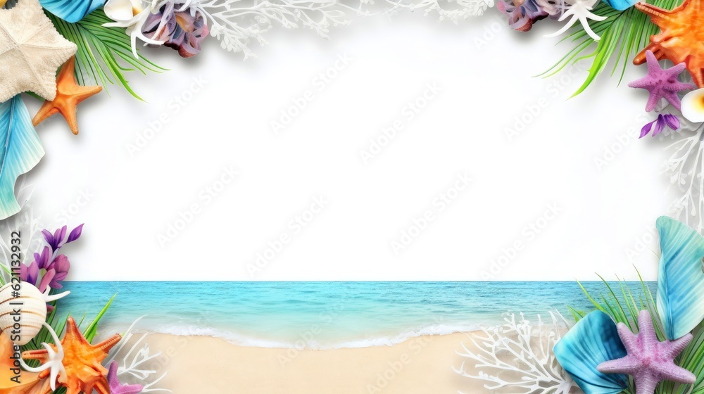 Sea elements card template, beach background design with border frame ...